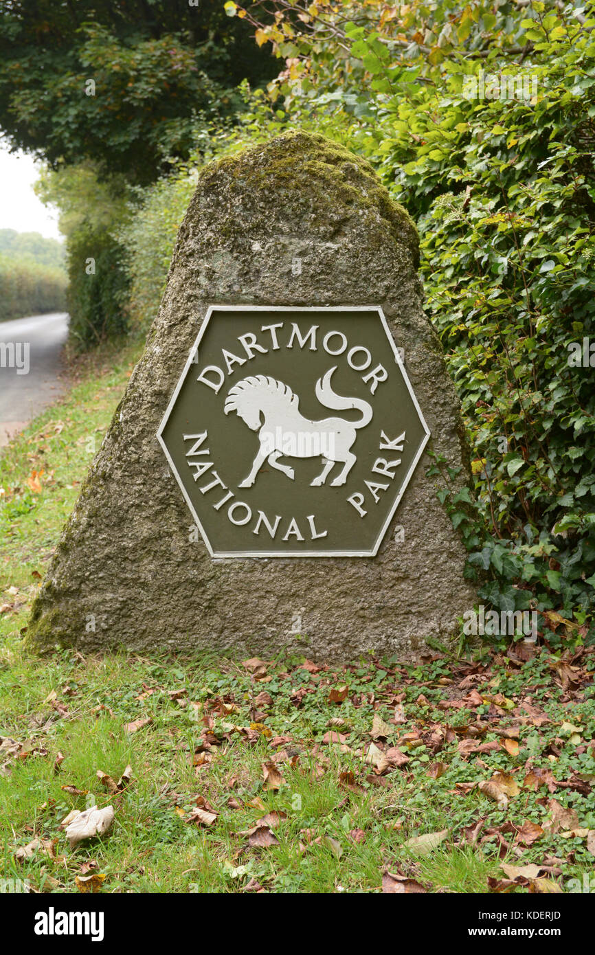 Dartmoor National Park sign with horse emblem in Bovey Tracey Devon ...