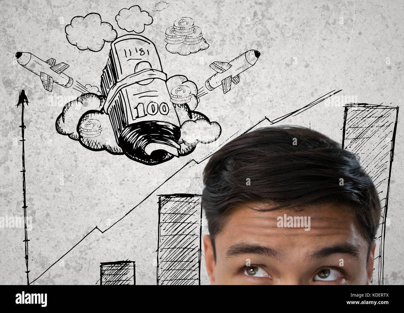 Digital composite of man looking up at graph Stock Photo - Alamy