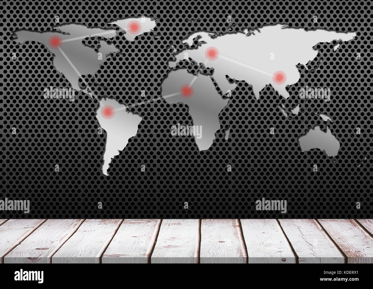 Digital composite of World map connected with wooden platform Stock ...