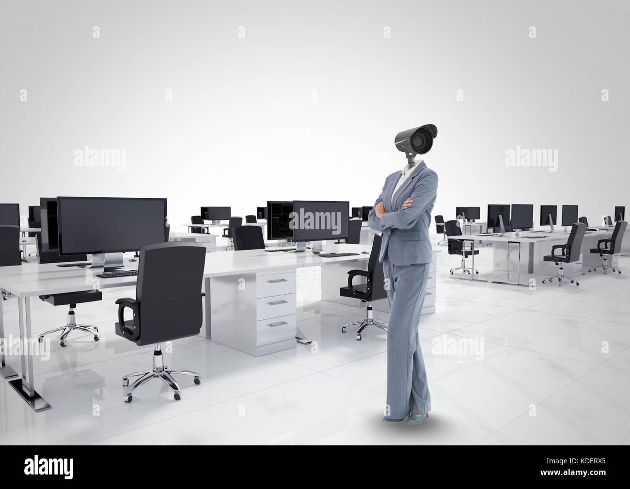 Digital composite of Businesswoman with CCTV head at office Stock Photo ...