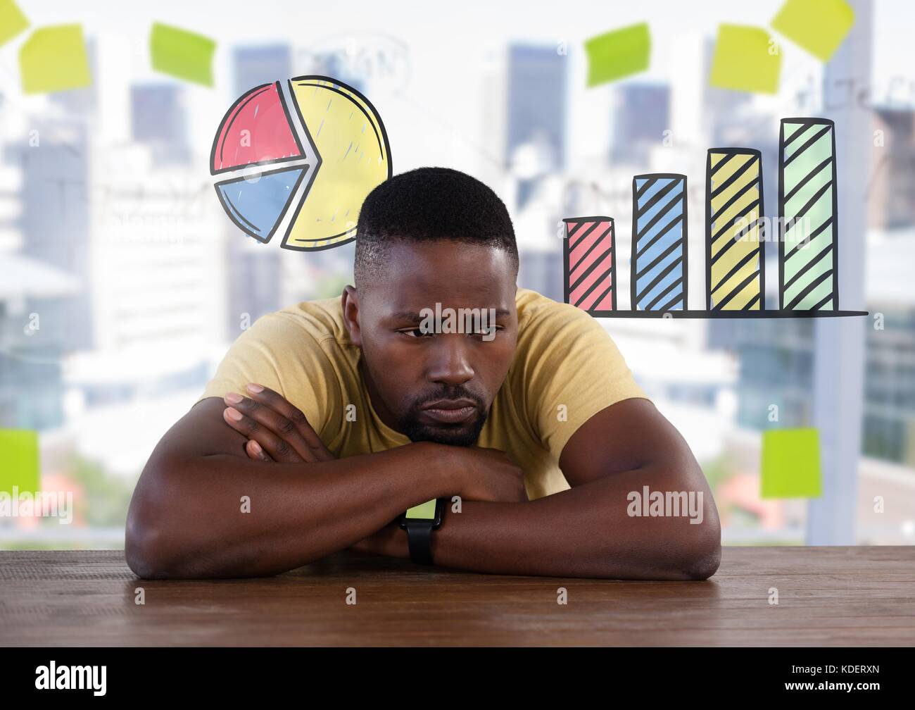 Digital composite of Disappointed businessman at desk and pie chart and ...