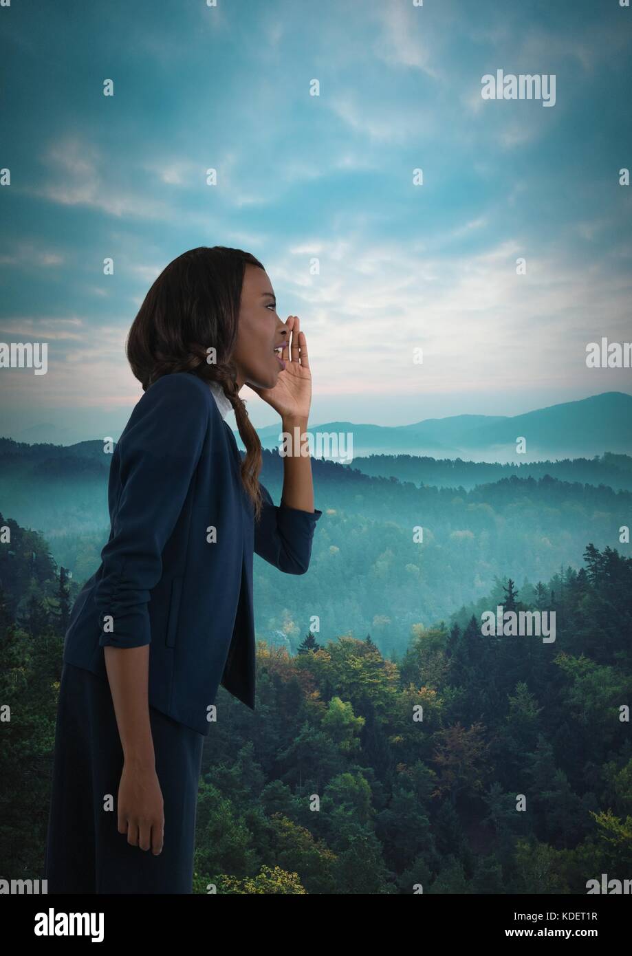 Digital composite of Businesswoman shouting echo over forest Stock ...