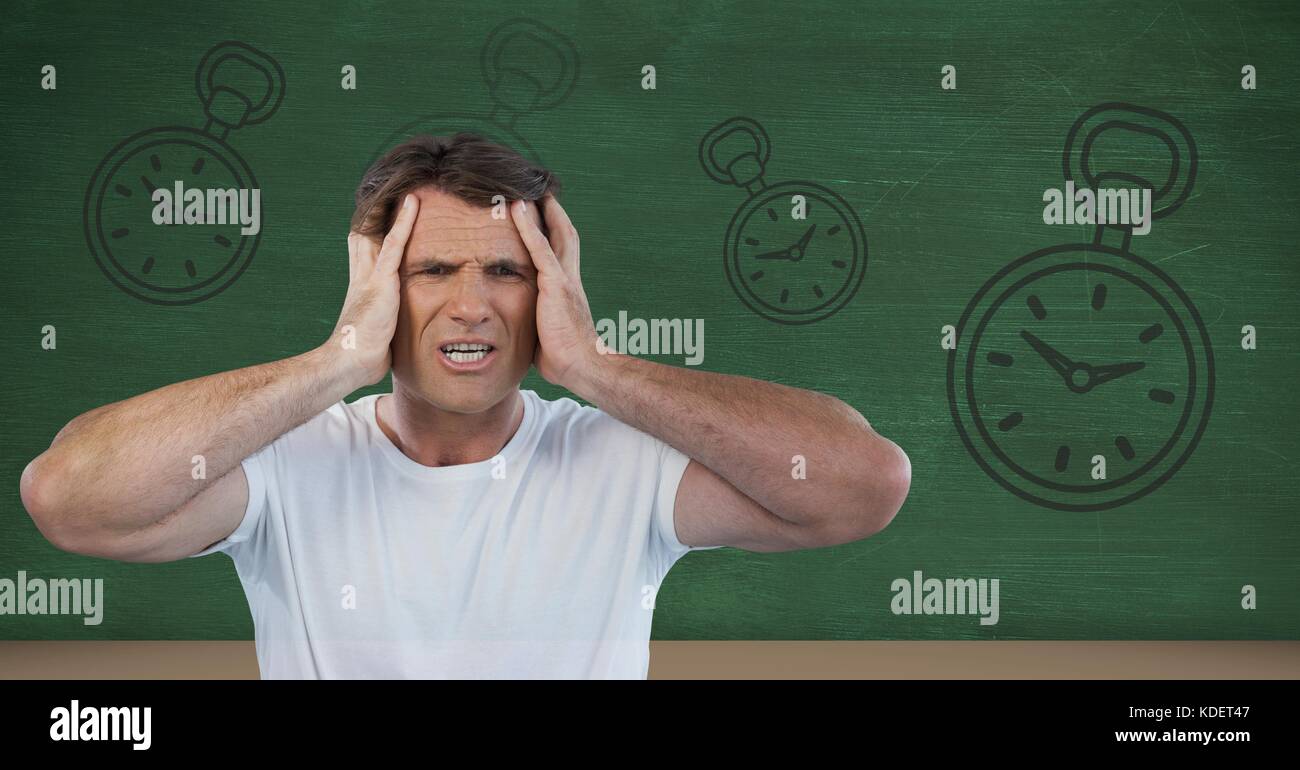 Digital composite of frustrated man with clocks Stock Photo - Alamy