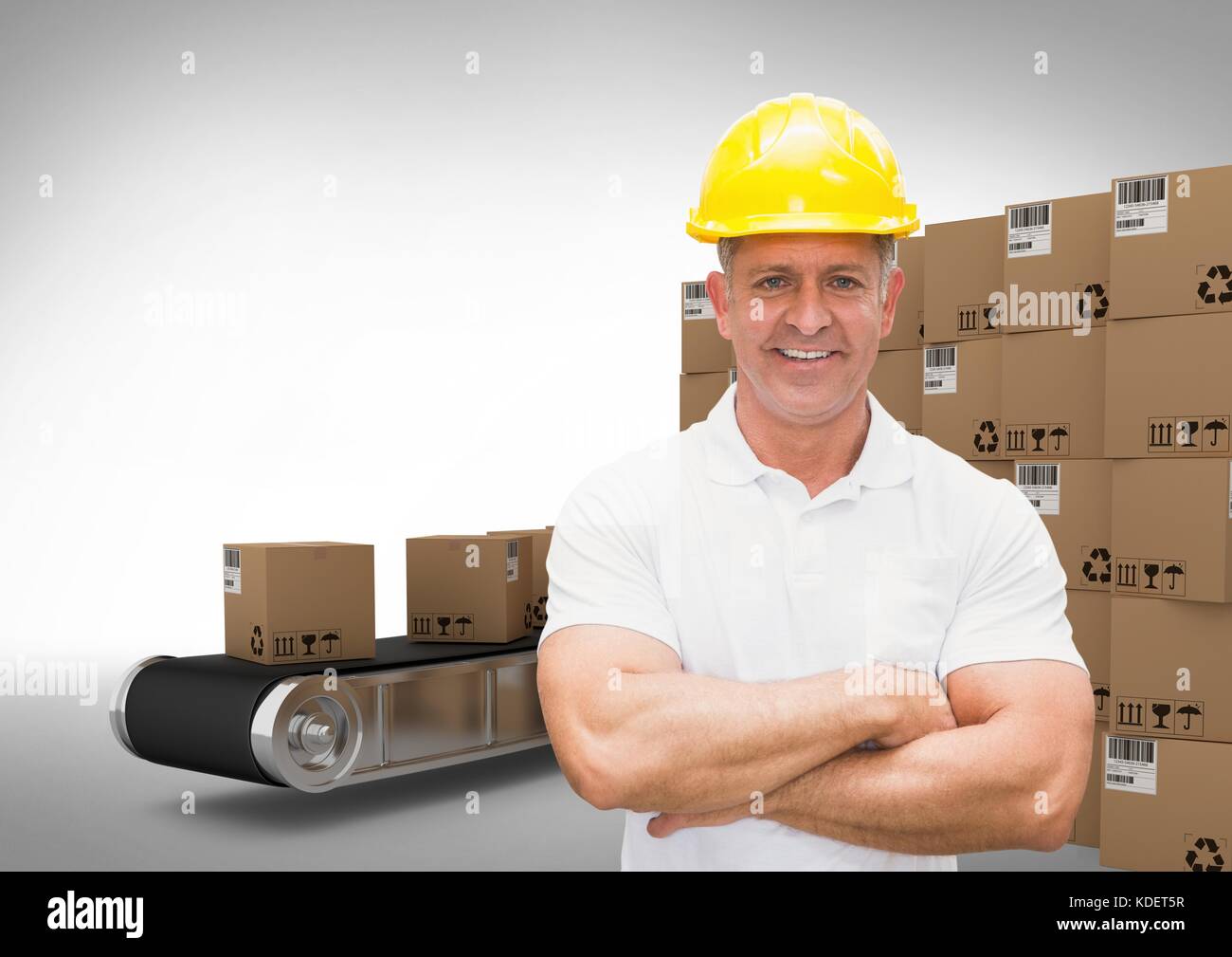 Digital composite of man with boxes on conveyor belt, transition Stock ...