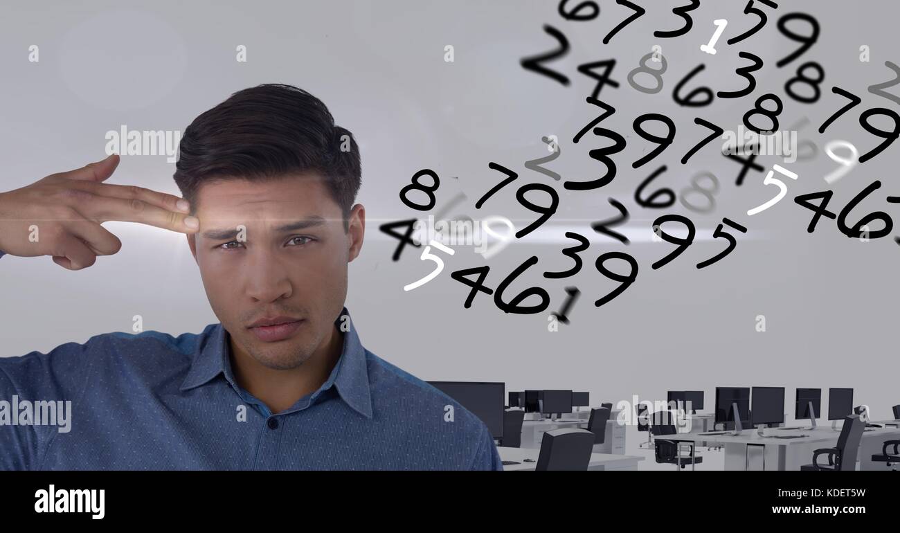 Digital composite of frustrated man doing calculations Stock Photo - Alamy