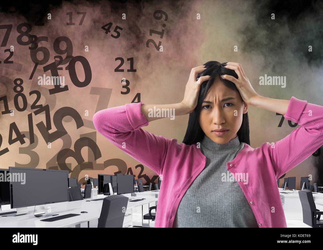 Digital composite of frustrated woman doing calculations Stock Photo ...
