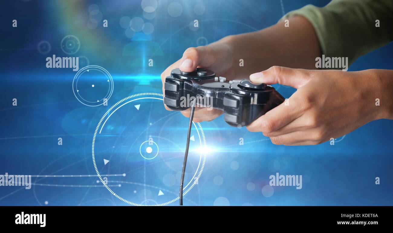 Digital composite of Hands playing with computer game controller Stock ...
