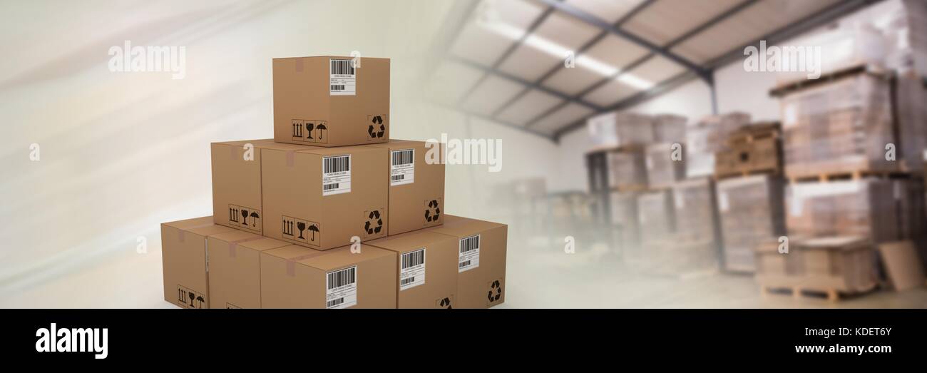 Digital composite of boxes in warehouse, transition Stock Photo - Alamy