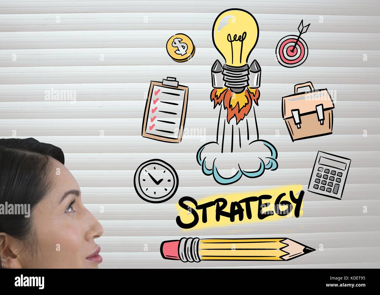 Digital composite of woman looking up at light bulb idea Stock Photo ...