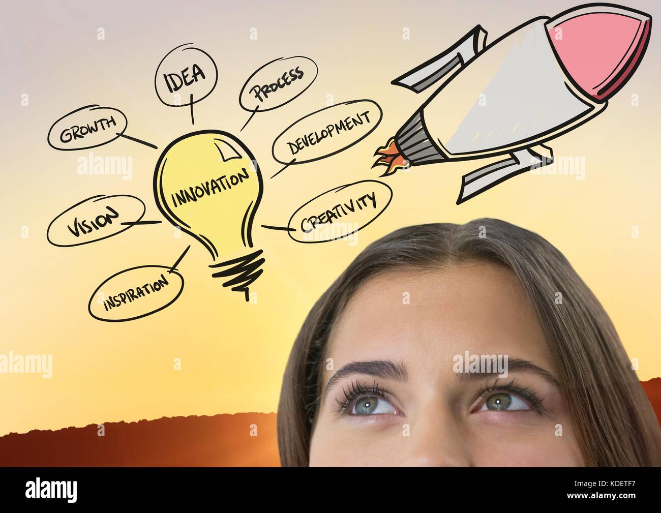 Digital composite of woman looking up at light bulb idea Stock Photo ...