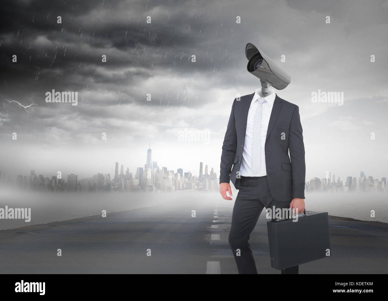 Digital composite of Businessman with CCTV head on street with city ...