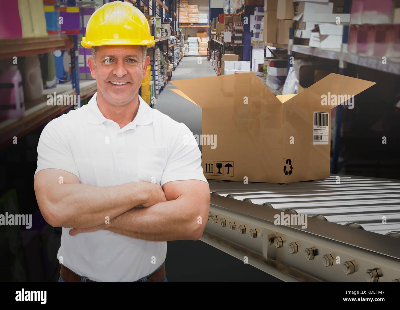 Digital composite of man with boxes on conveyor belt in warehouse Stock ...