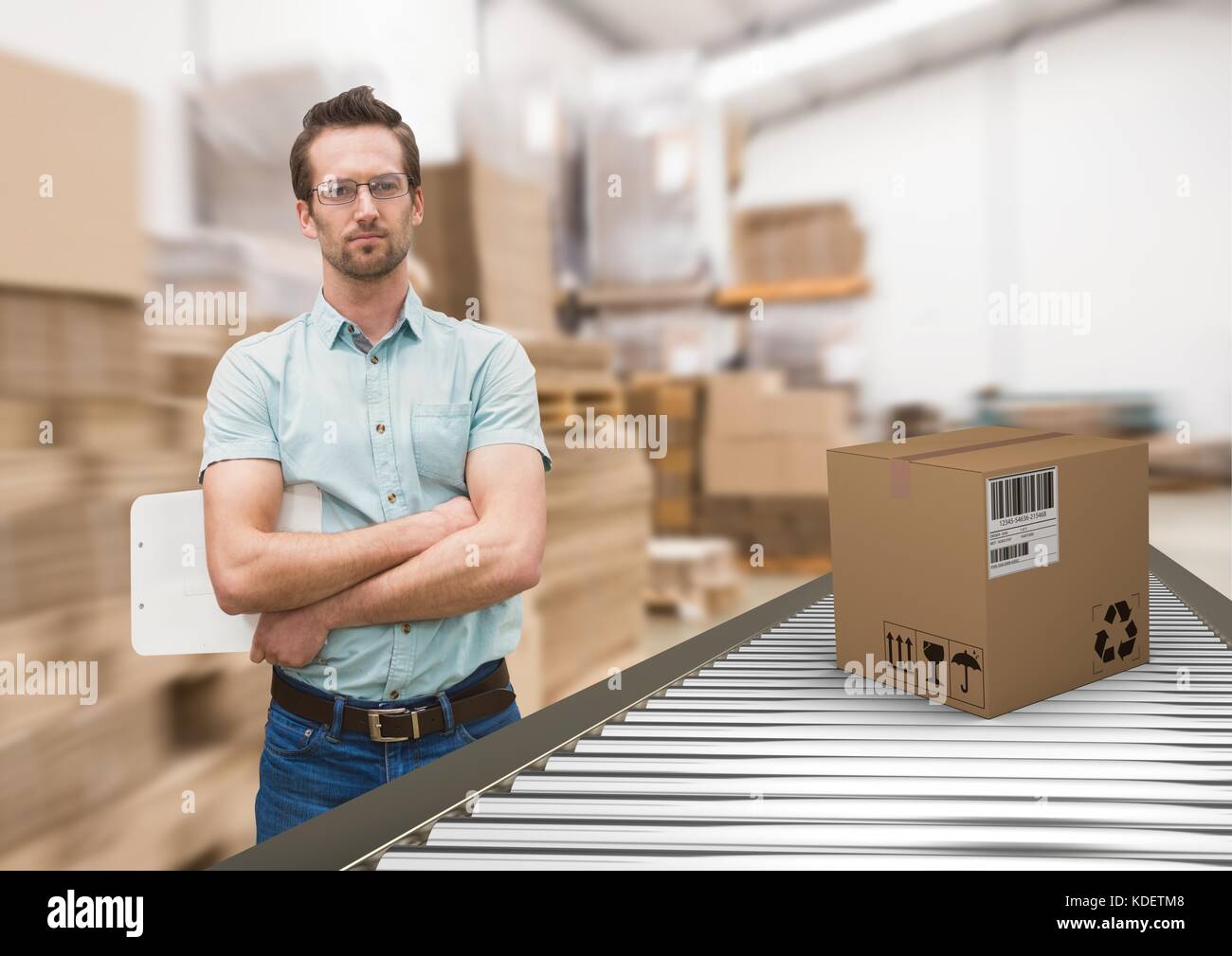 Digital composite of man with boxes on conveyor belt in warehouse Stock ...