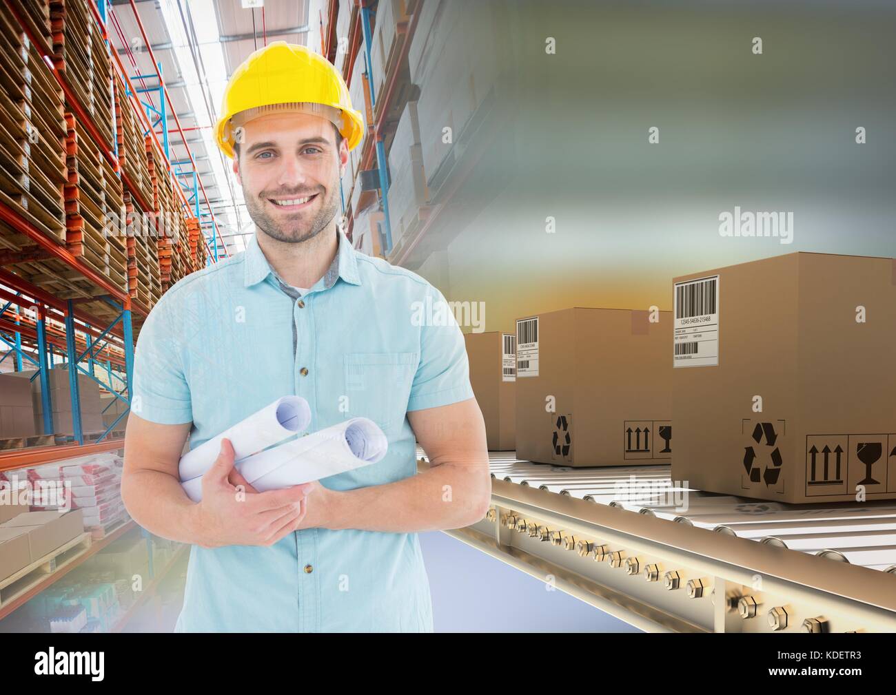 Digital composite of man with boxes on conveyor belt in warehouse ...