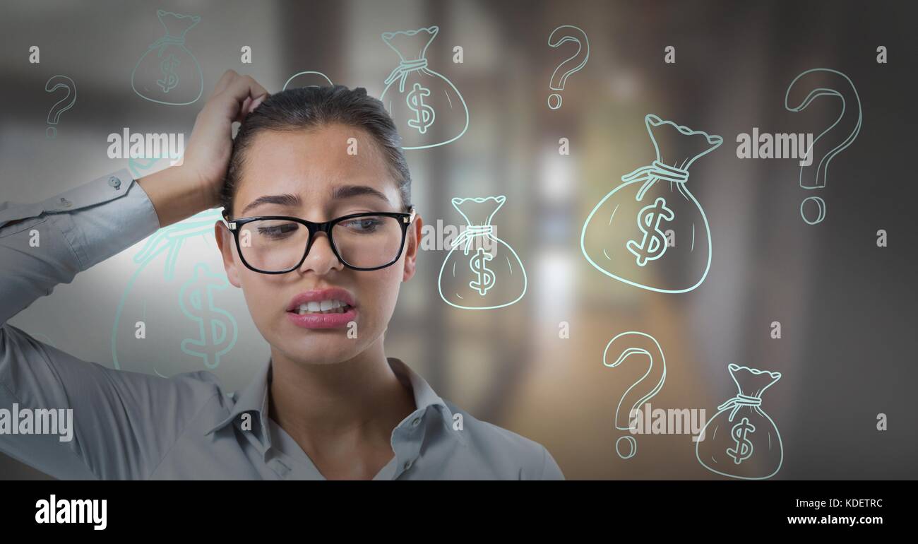 Digital composite of frustrated woman with finance icons Stock Photo ...