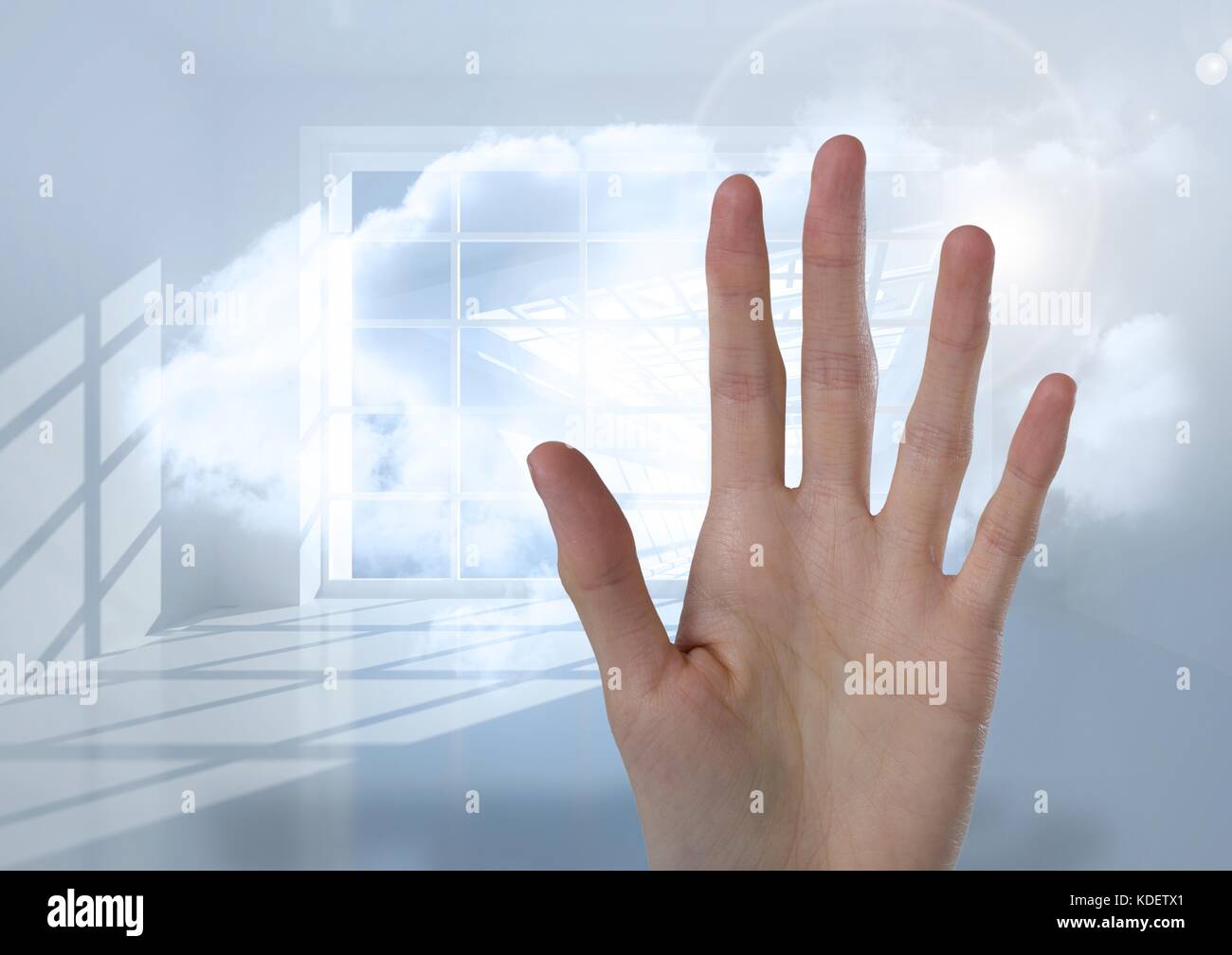 Digital composite of Long Hand open with bright window clouds ...