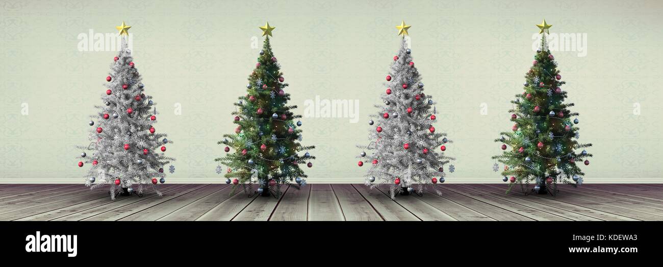 Digital composite of Christmas trees in long room Stock Photo - Alamy