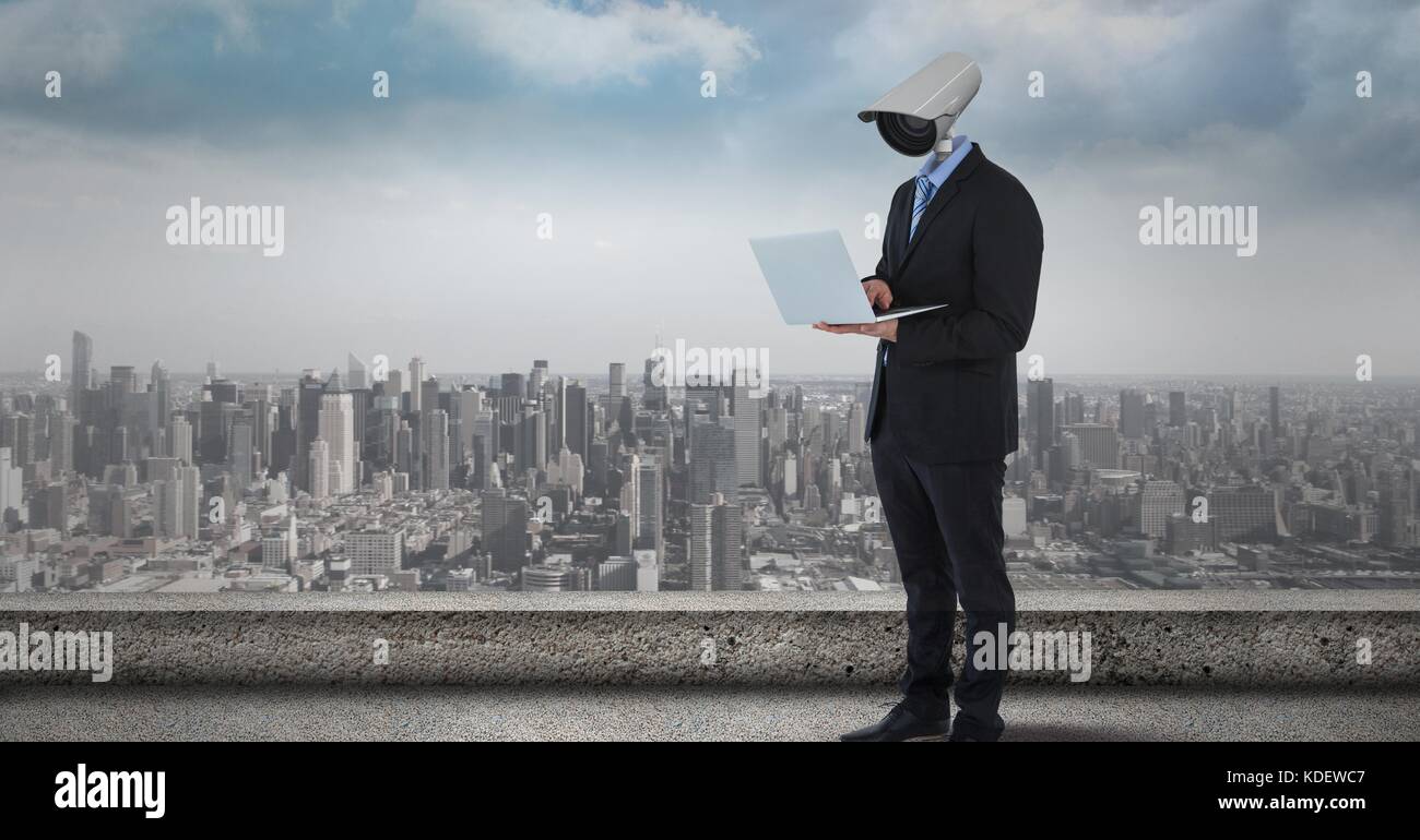 Digital composite of Businessman with CCTV head with city skyline Stock ...
