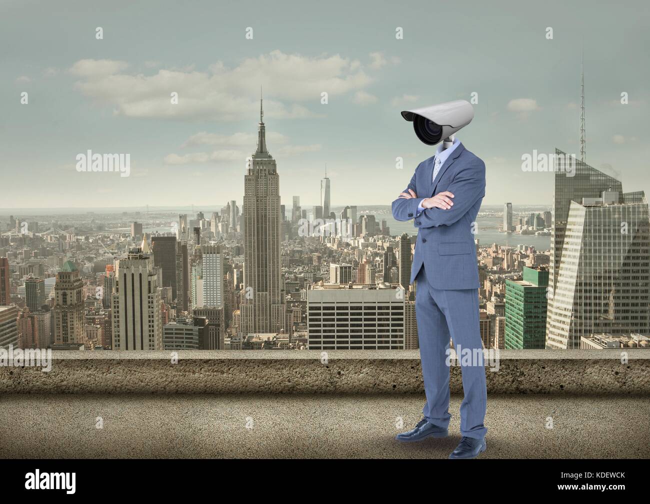 Digital composite of Businessman with CCTV head with city skyline Stock ...