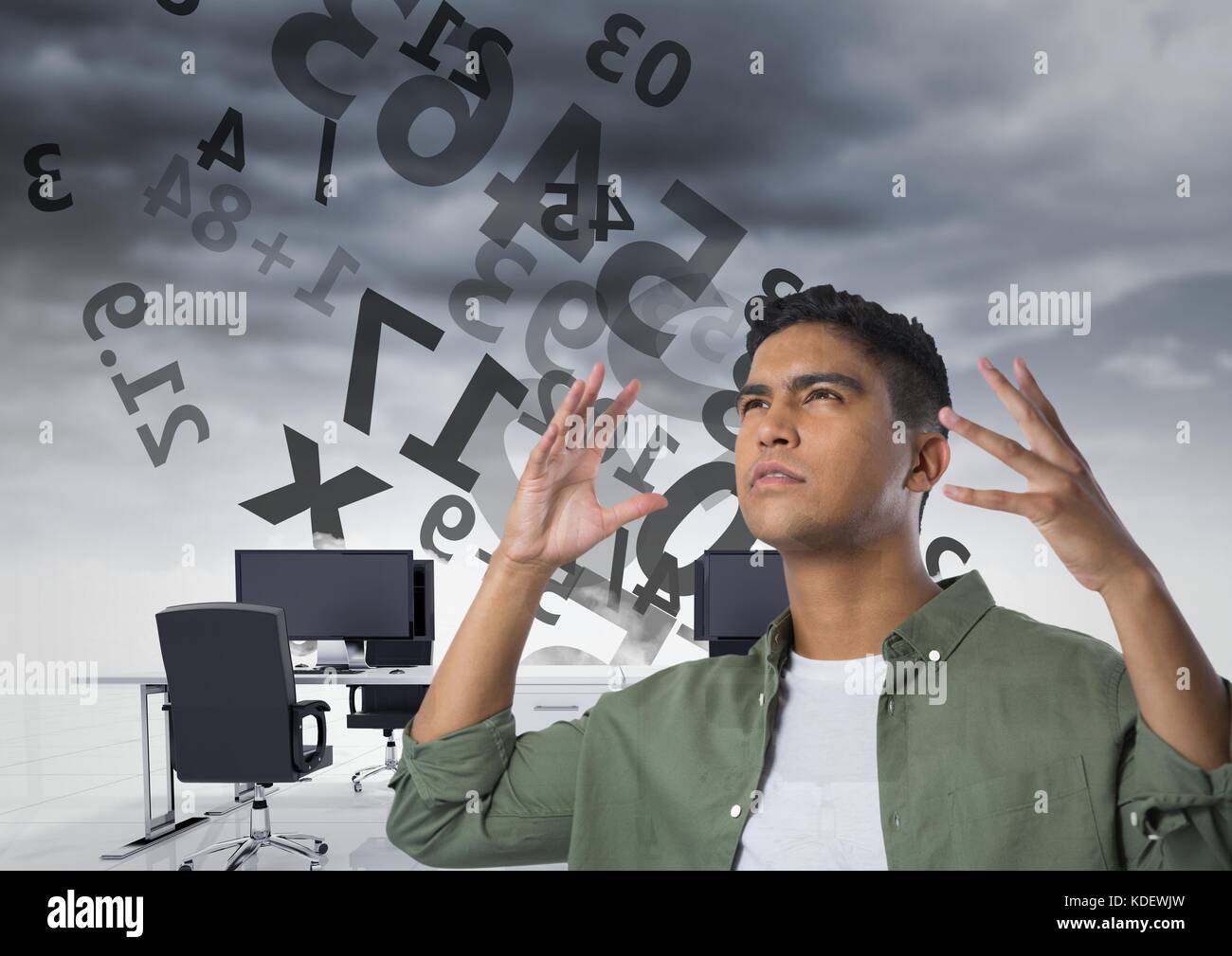 Digital composite of frustrated man doing calculations Stock Photo - Alamy