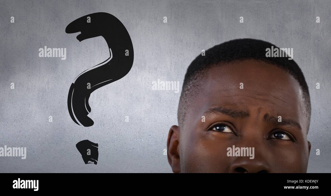 Digital composite of man looking up at question mark Stock Photo - Alamy