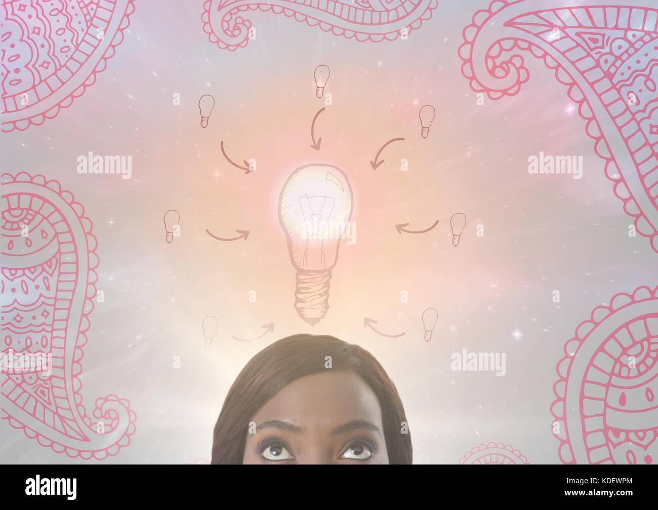 Digital composite of woman looking up at light bulb idea Stock Photo ...