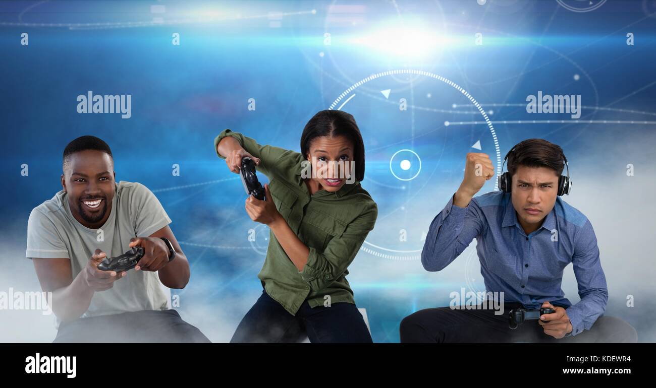 Digital composite of People playing with computer game controllers with ...
