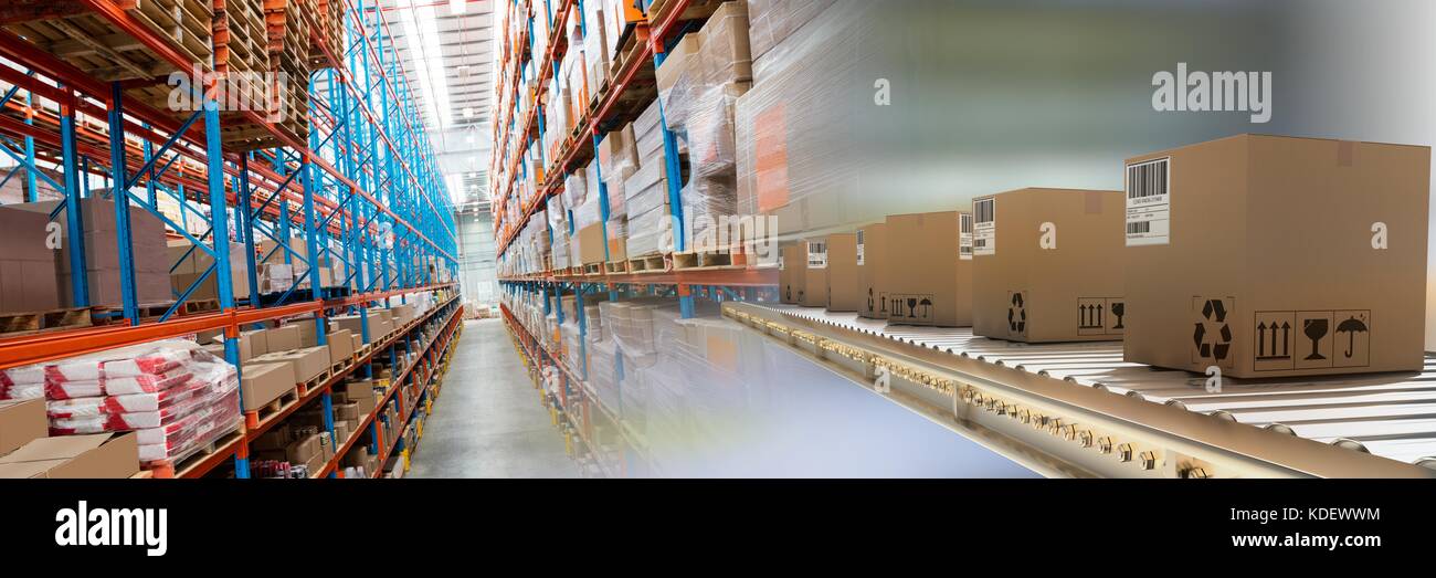 Digital composite of boxes in warehouse, transition Stock Photo - Alamy