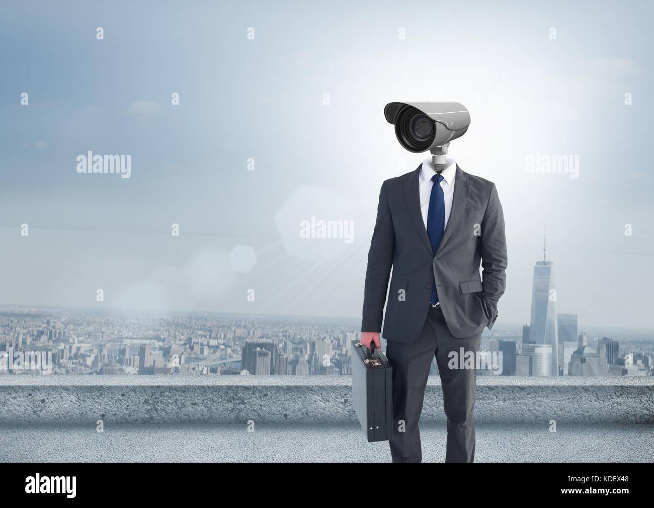 Digital composite of Businessman with CCTV head with city skyline Stock ...