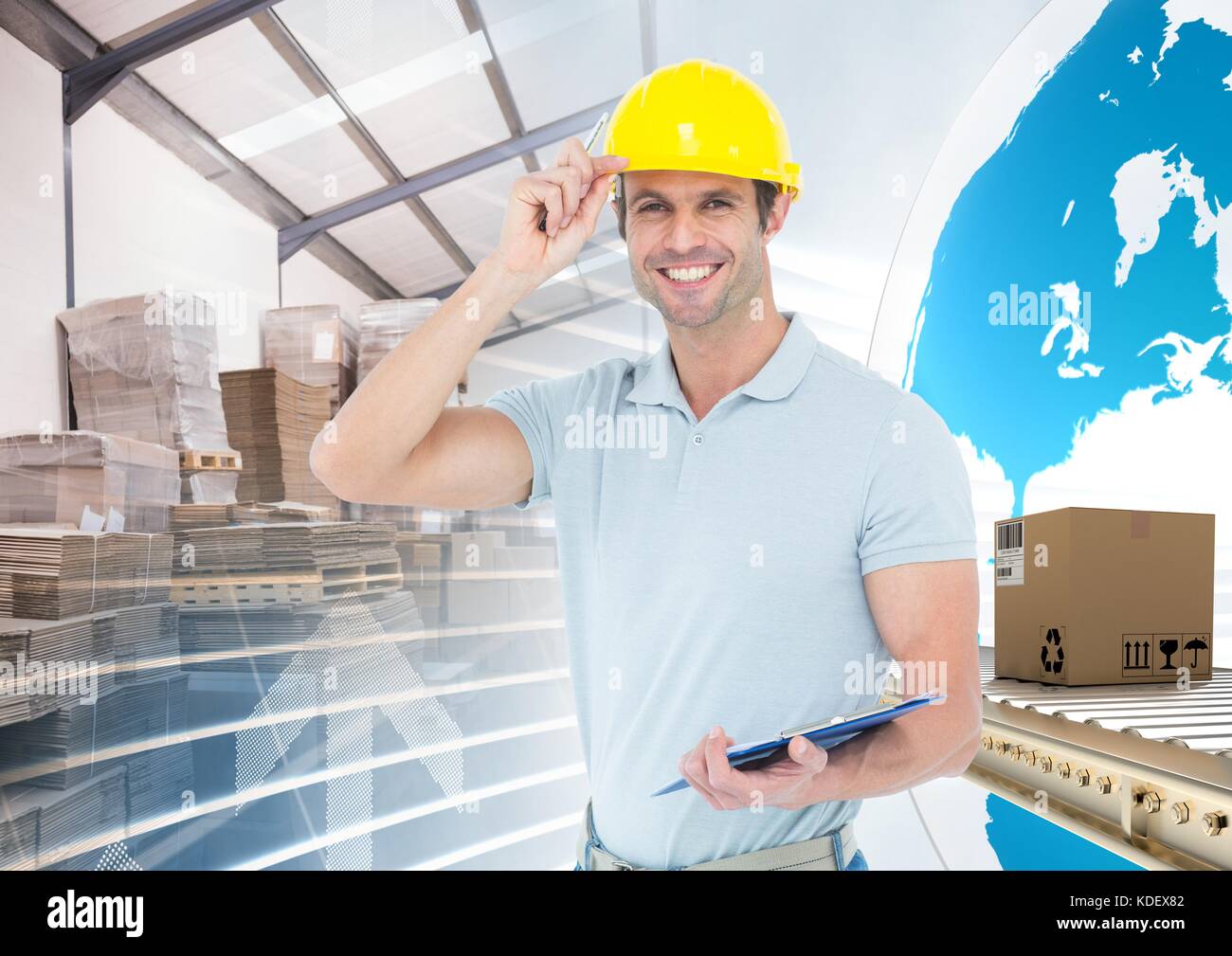Digital composite of man with boxes on conveyor belt in warehouse ...