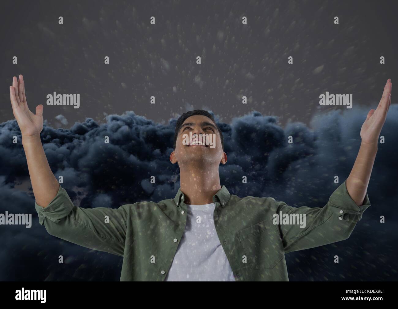 Digital composite of Frustrated man in front clouds Stock Photo - Alamy