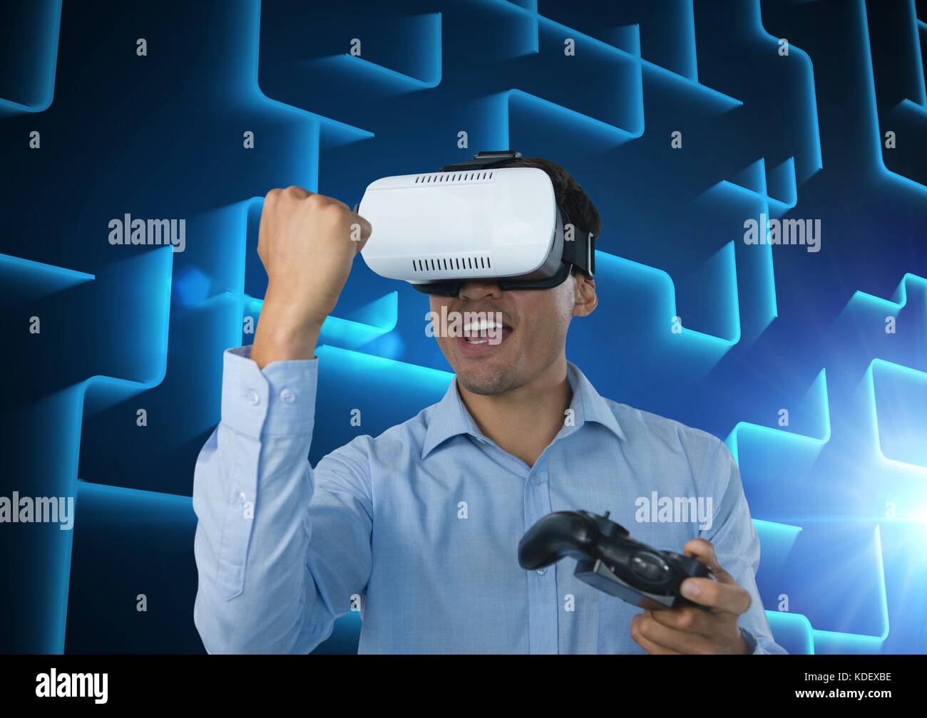 Digital composite of Businessman playing with computer game controller ...