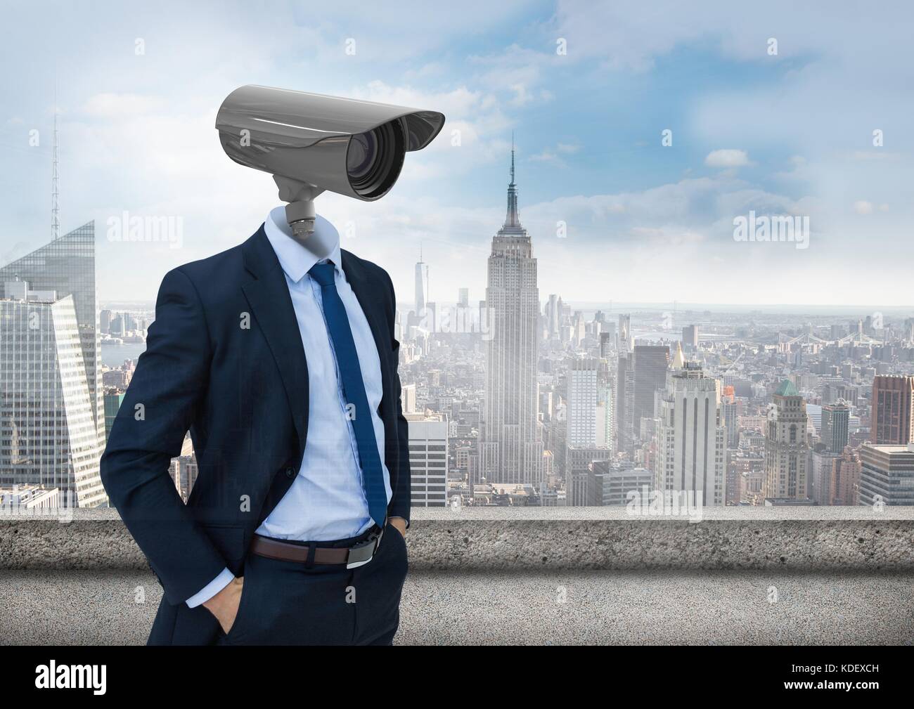 Digital composite of Businessman with CCTV head with city skyline Stock ...