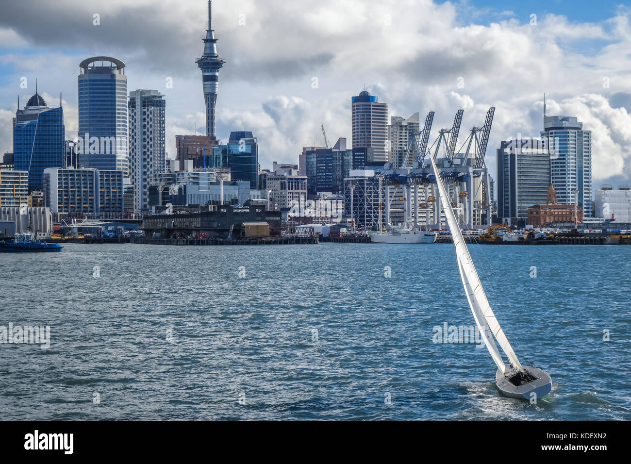Auckland city center view from the sea and sailing ship, New Zealand ...