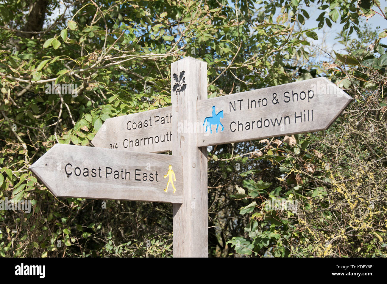 The National Trust south west coast path sign, Stonebarrow Hill, Dorset ...
