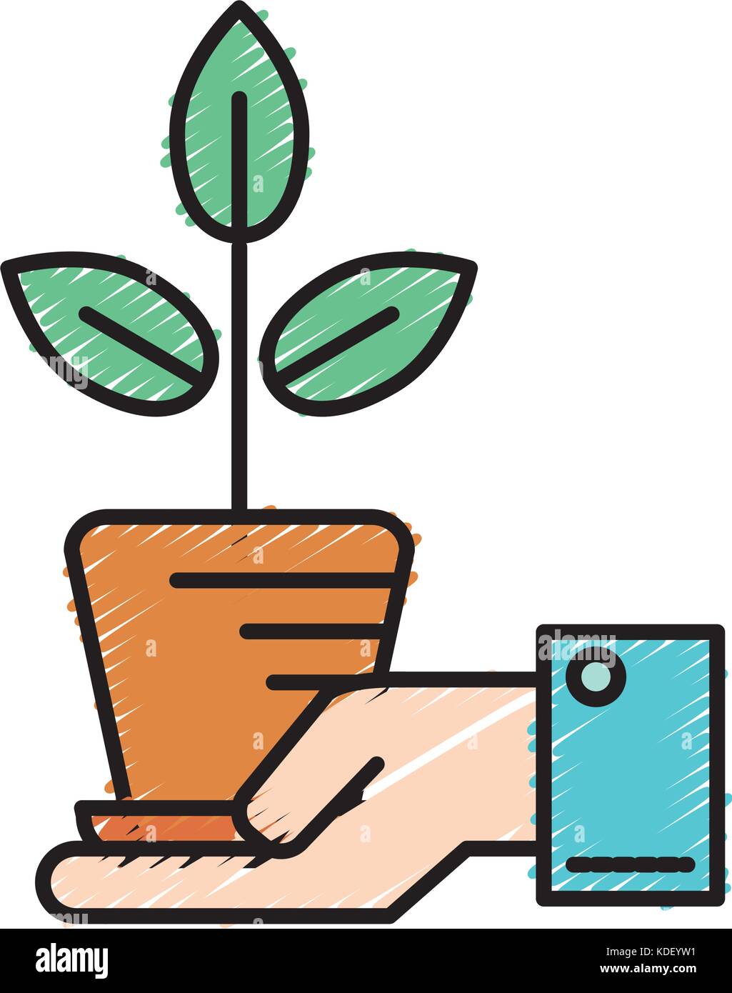 ecology plant with flowerpot and leaves in the hand vector illustration ...
