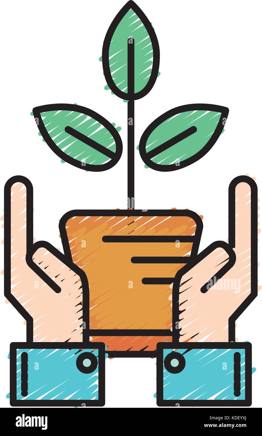 ecology plant with flowerpot and leaves with hands vector illustration ...
