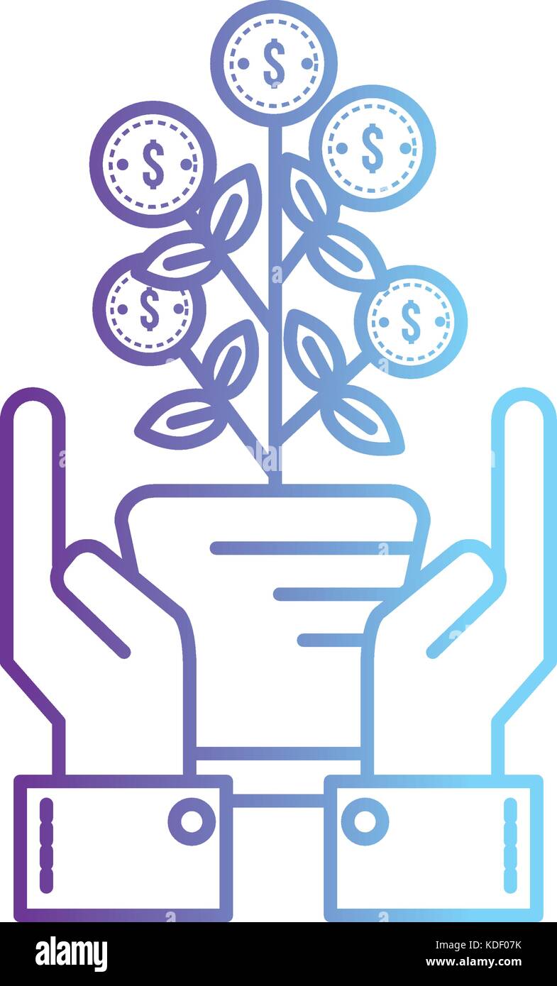 line money plant with leaves coins and hands up vector illustration ...