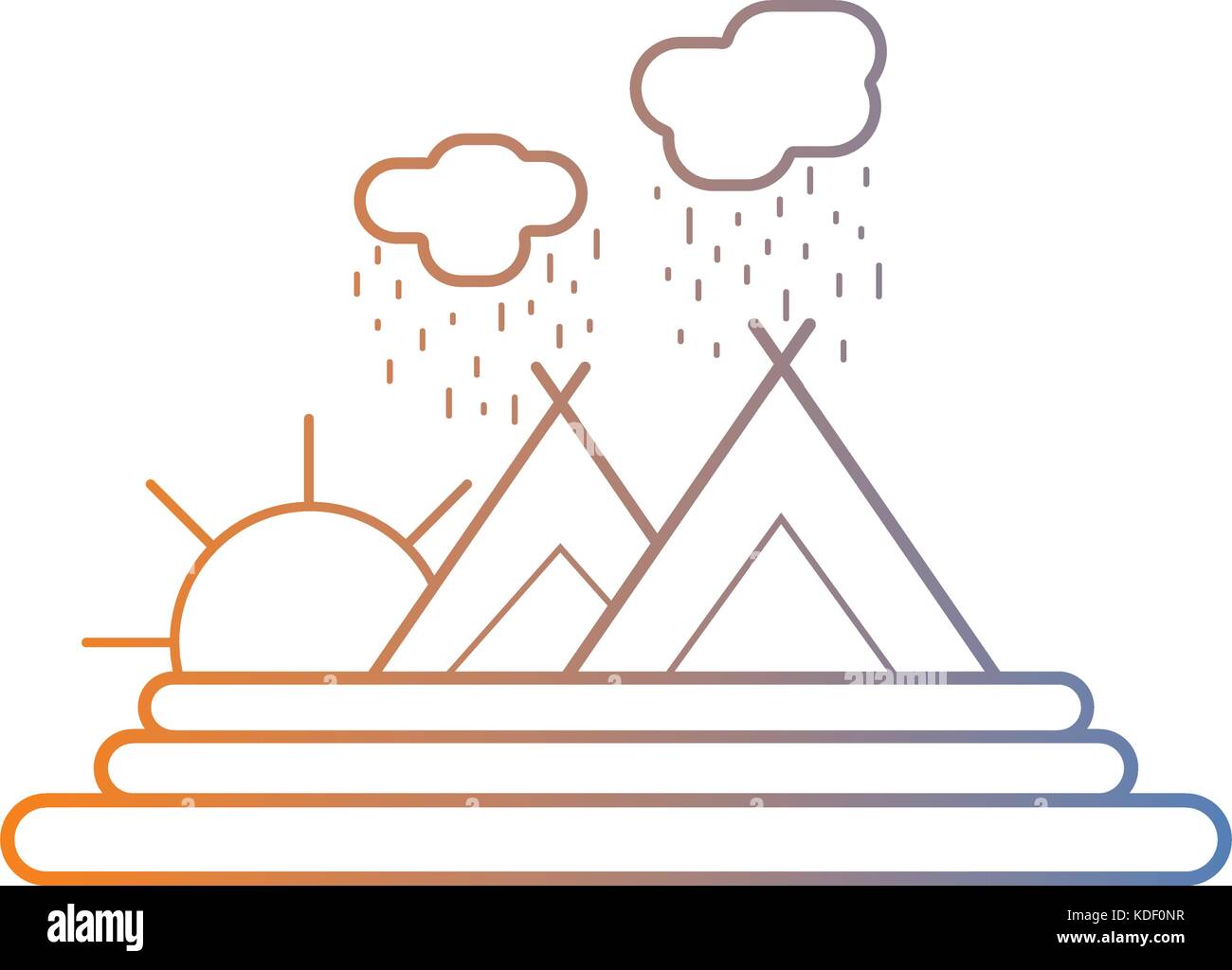 line natural mountains with sun and cloud raining vector illustration ...