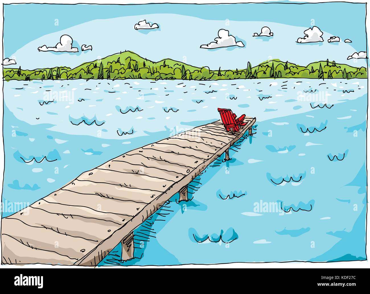 Cartoon of a chair sitting at the end of a long dock on a lake on a ...