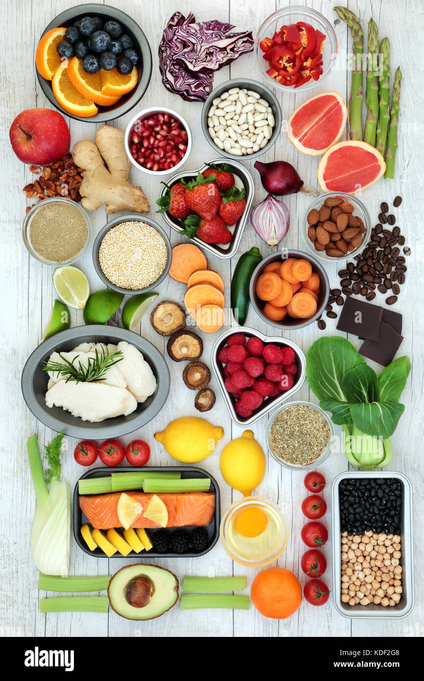 Diet super food concept with meat, seafood, vegetables, fruit, coffee ...