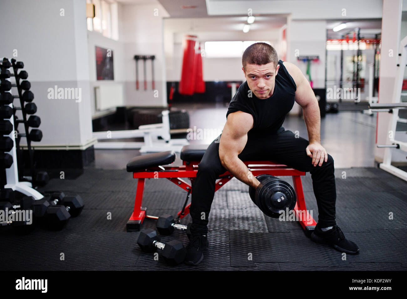 Young man doing exercises and working hard in gym and enjoying his ...