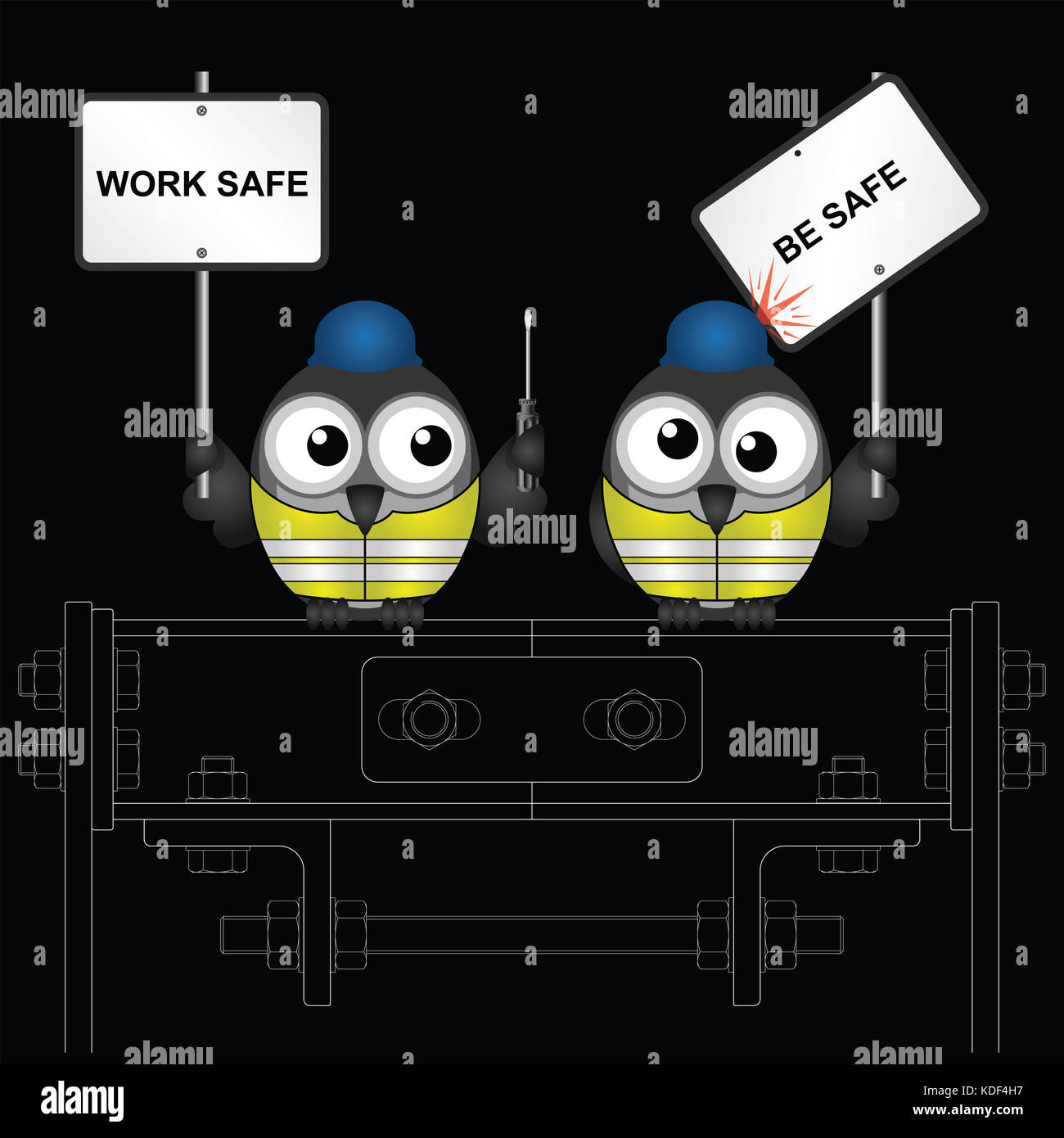 Comical construction workers with health and safety work safe be safe ...