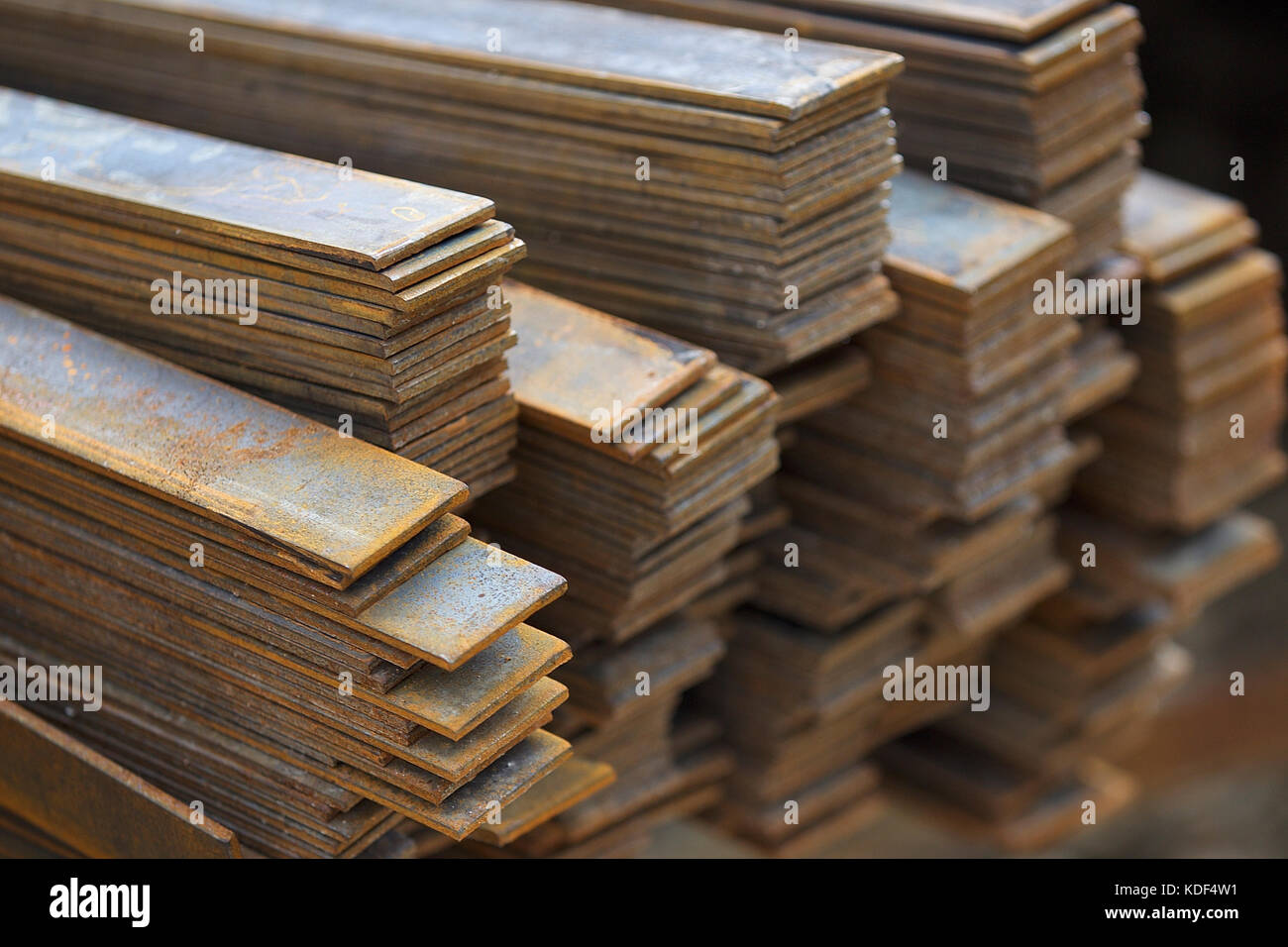 Metal profile strip in packs at the warehouse of metal products, Russia ...