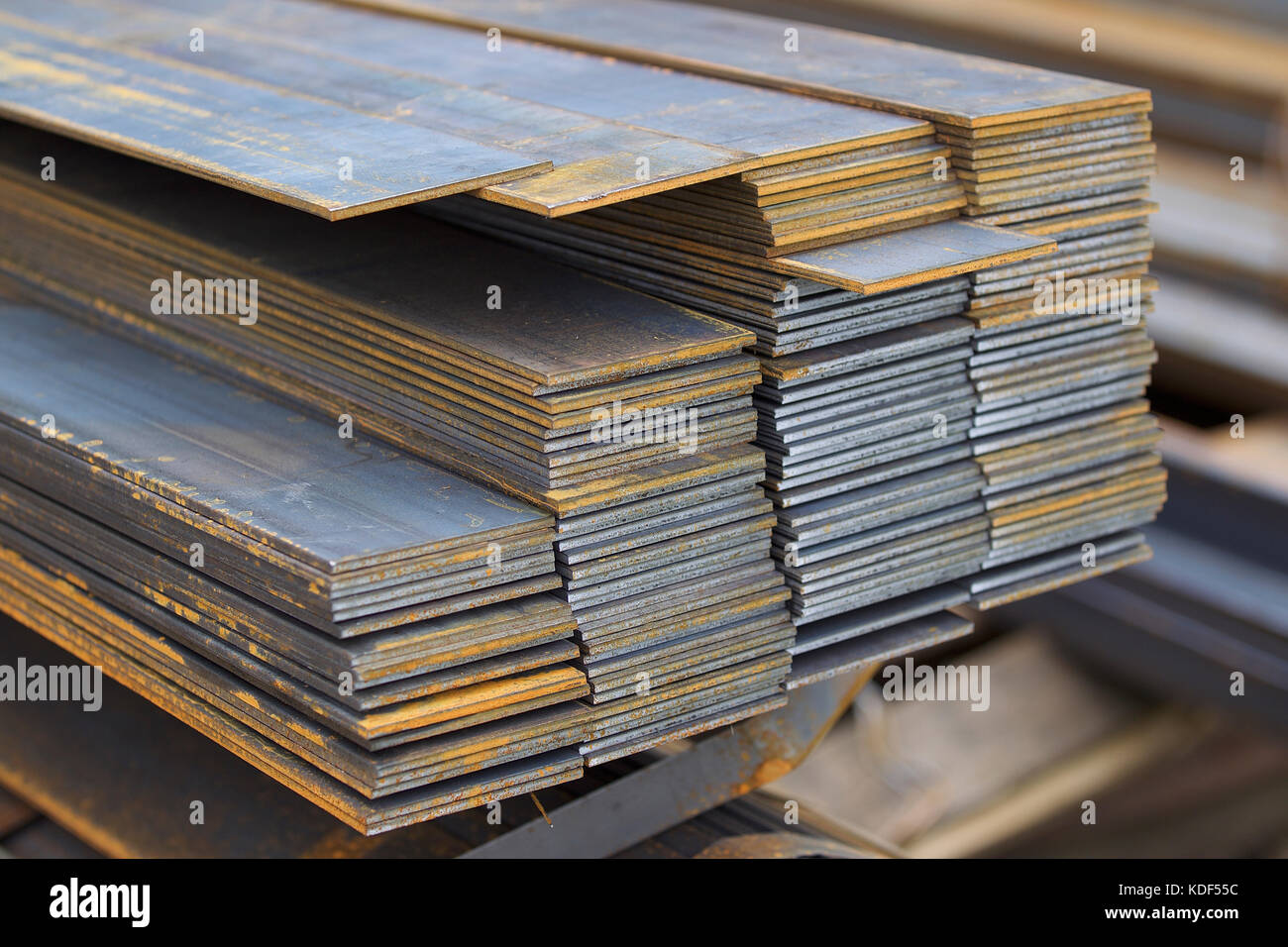 Metal profile strip in packs at the warehouse of metal products, Russia ...