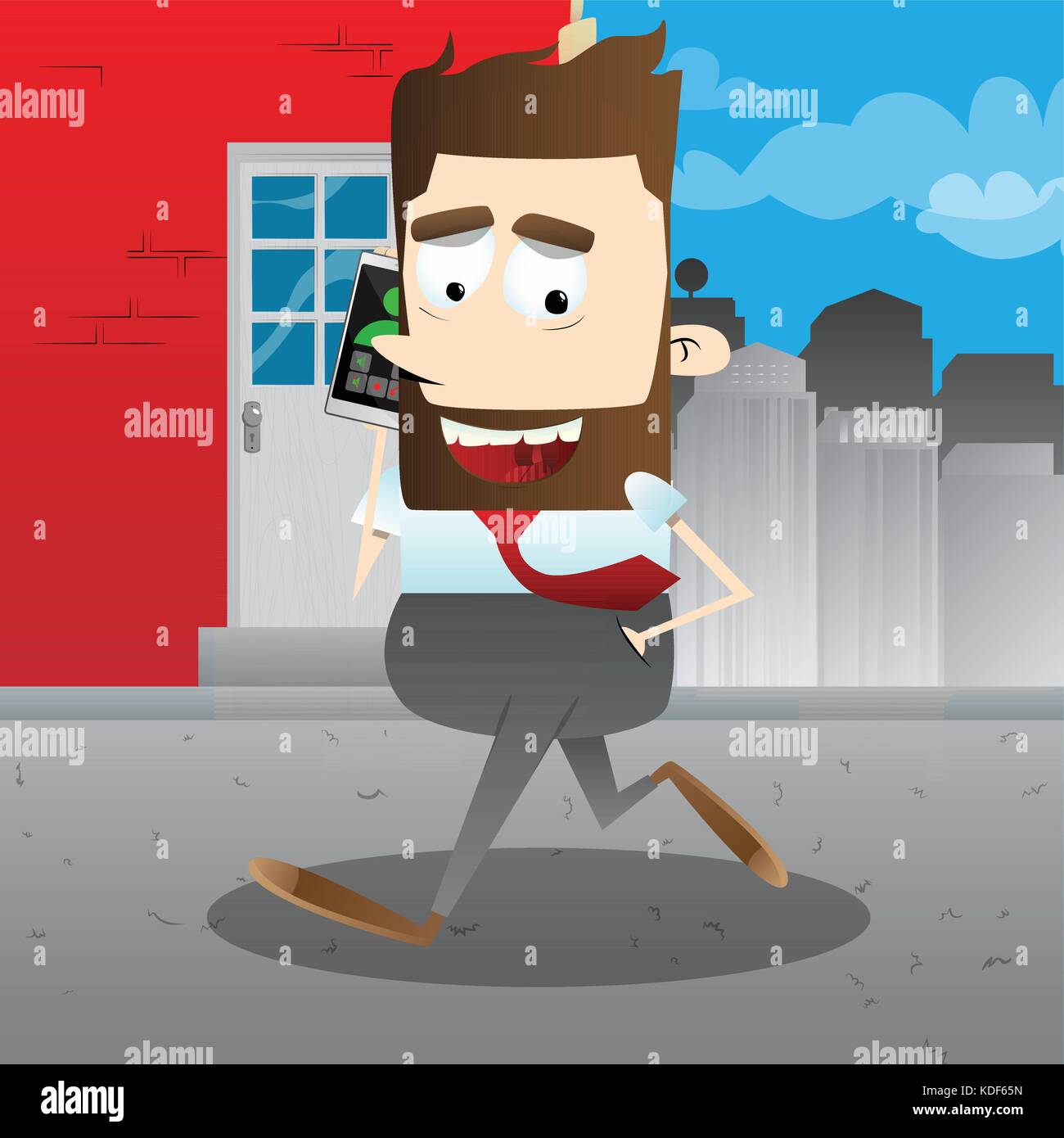 Business office worker talking on a phone and running in the city ...