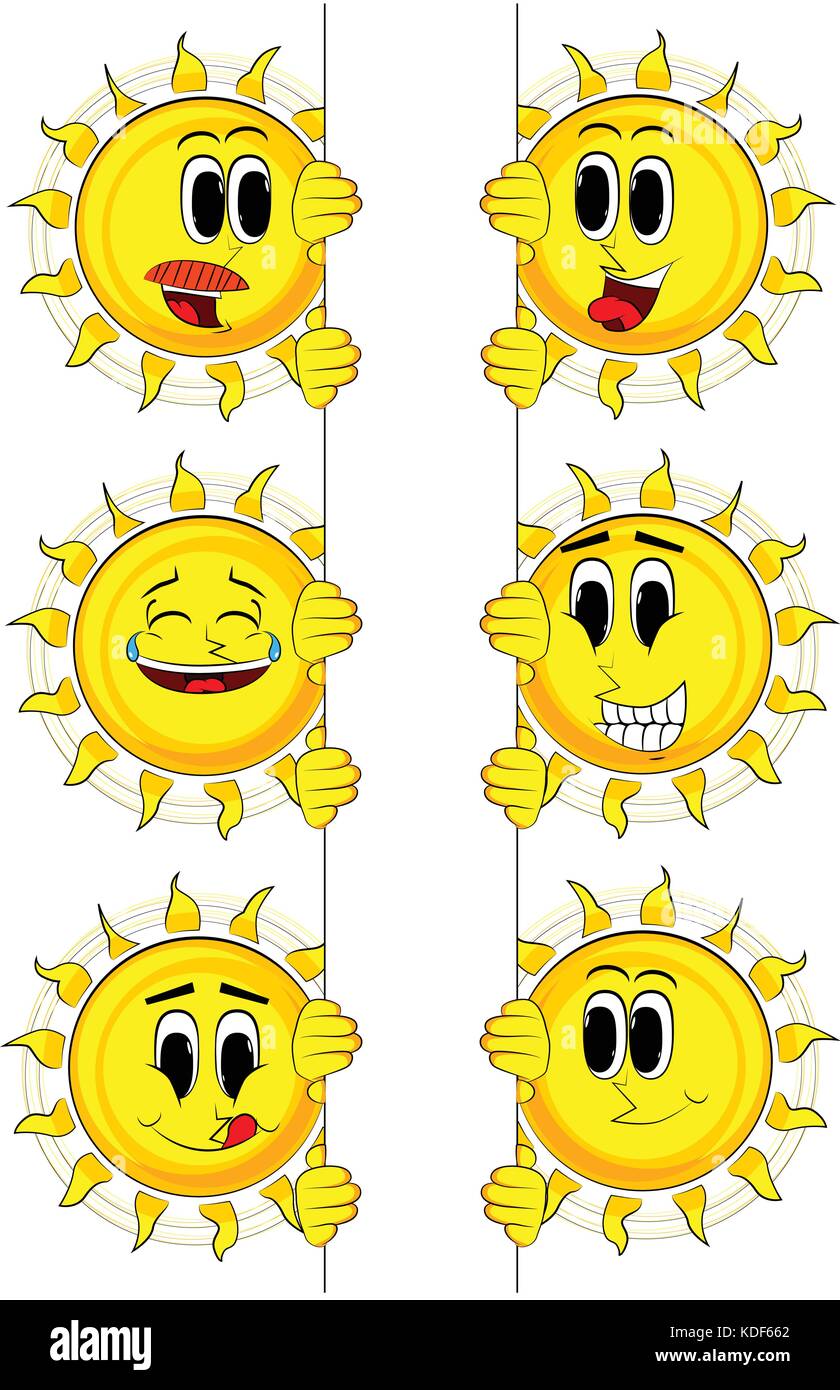Cartoon sun holding blank sign. Collection with happy faces ...