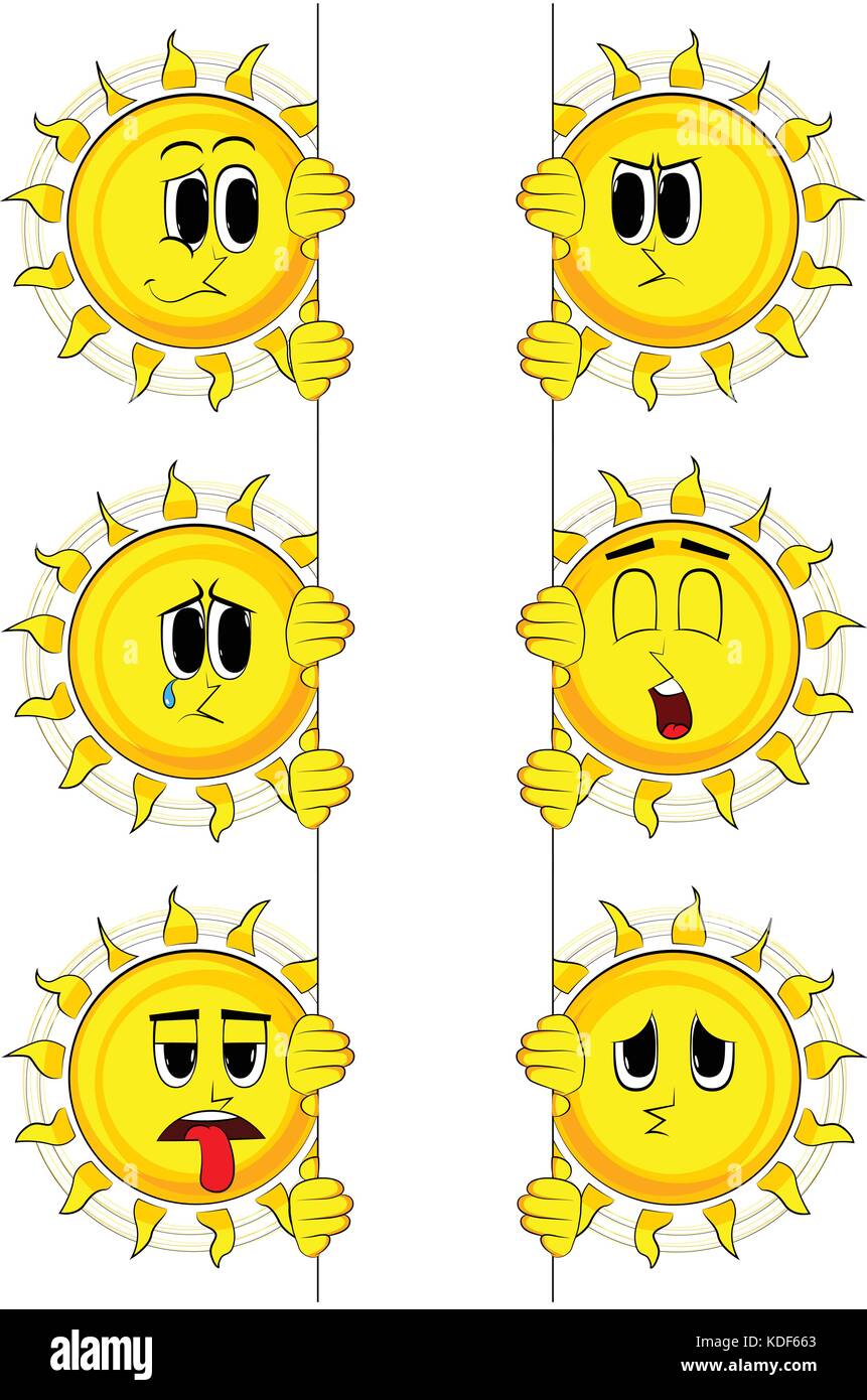 Cartoon sun holding blank sign. Collection with sad faces. Expressions ...