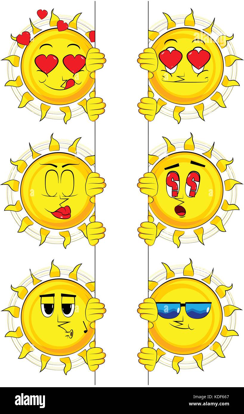 Cartoon sun holding blank sign. Collection with various facial ...