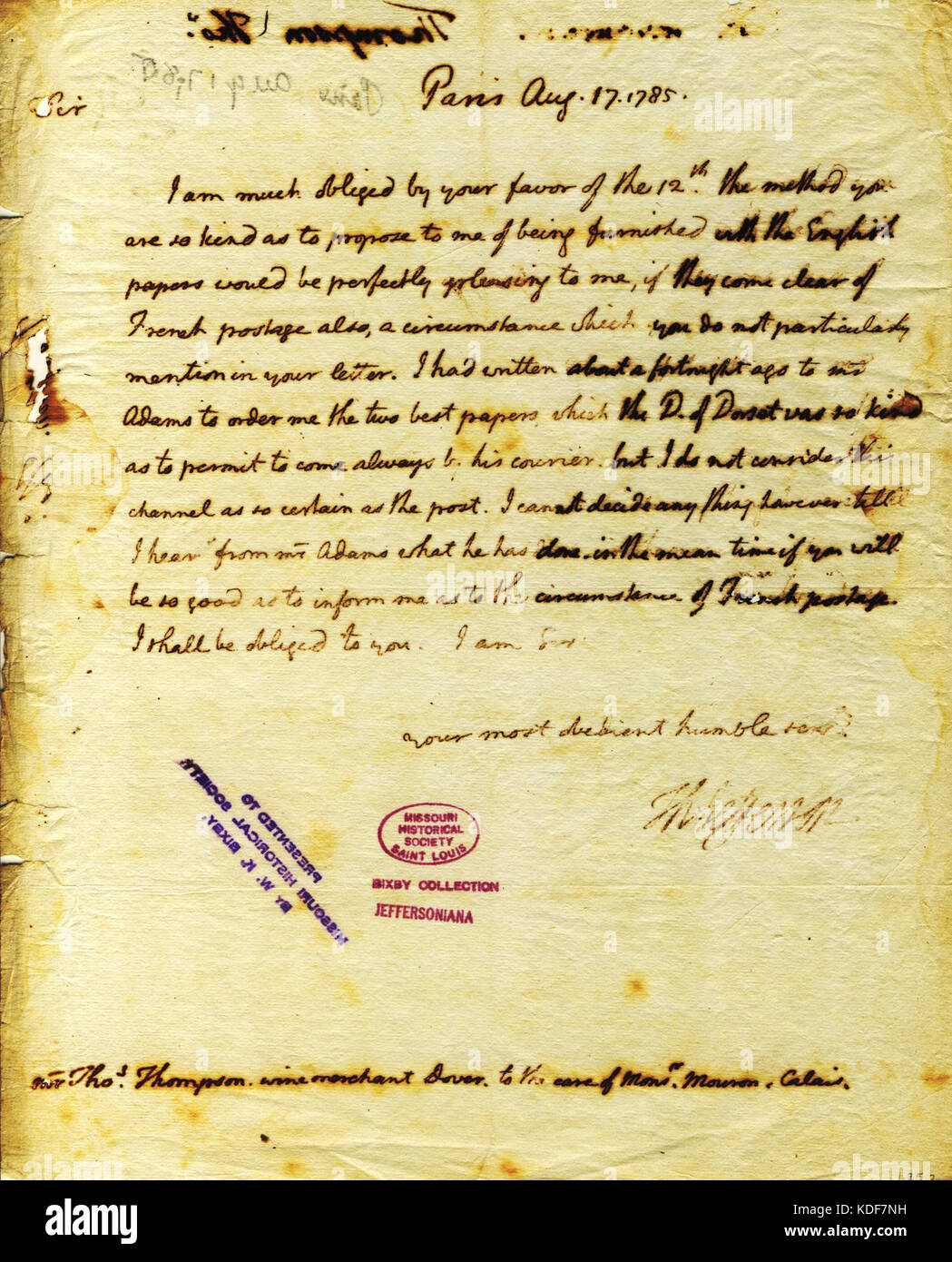 Letter signed Thomas Jefferson to Thomas Thompson, August 17, 1785 ...